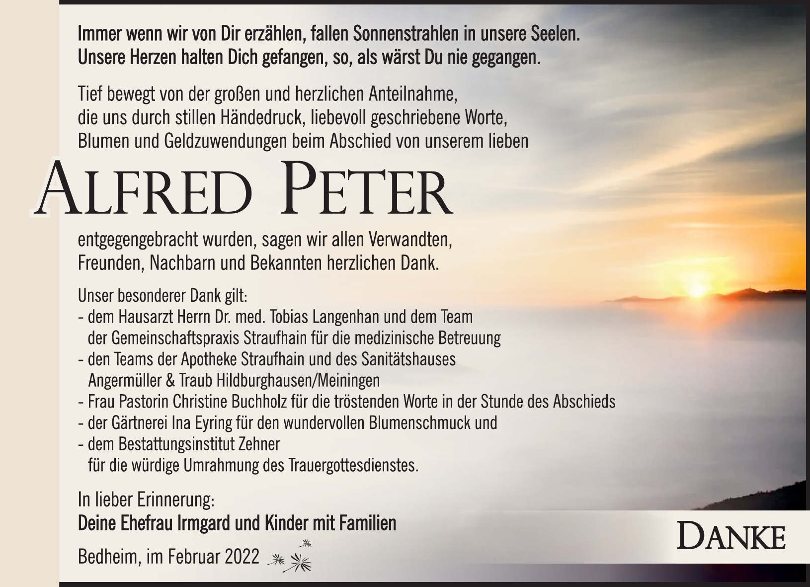 Alfred Peter | Trauerportal Zehner